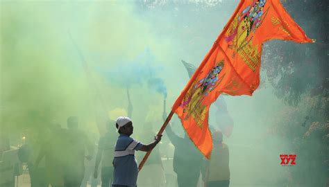 New Delhi A Bjp Supporter Holds The Jai Shree Ram Flag To Celebrate