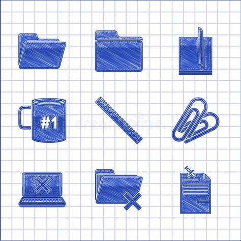 Set Ruler Delete Folder Note Paper With Pinned Pushbutton Paper Clip Laptop And Cross Mark