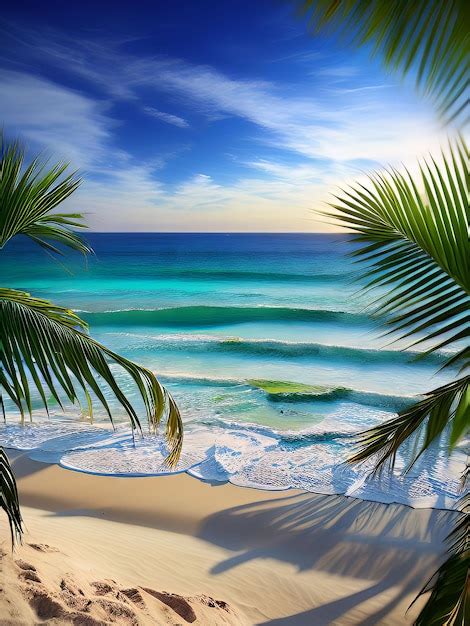 Una playa tropical con palmeras y el sol brillando a través de las