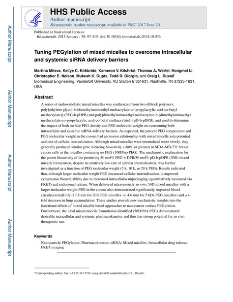 Pdf Tuning Pegylation Of Mixed Micelles To Overcome Intracellular And