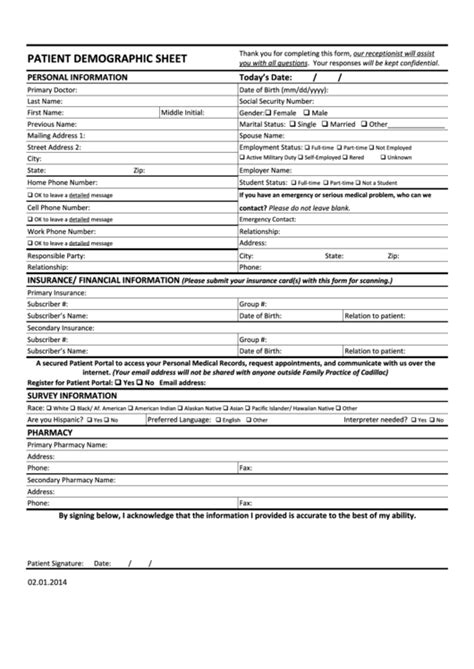 Printable Patient Demographic Form Template