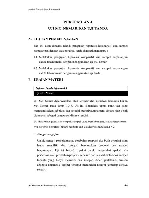 Pertemuan Ke 4 Uji Mc Nemar Uji Tanda Pdf