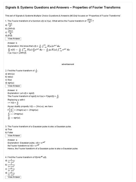 Unit 3 Fourier Transforms Properties Questions And Answers Sanfoundry Pdf Pdf Electronics