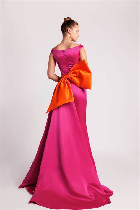 Off The Shoulder Evening Dress With Waist Bow And Front Slit