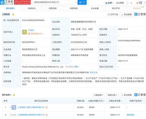 赣锋锂业于湖南投资成立新材料公司，注册资本10亿元显示有色金属集团