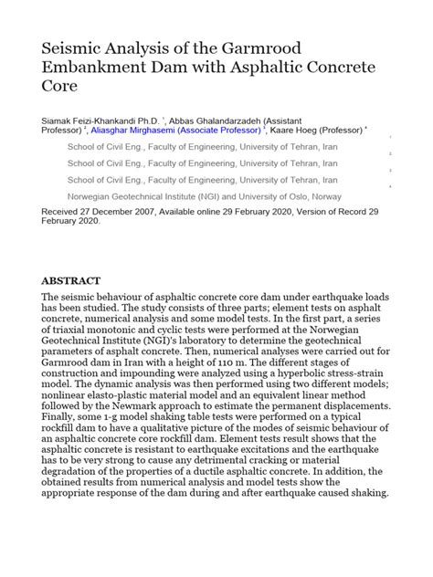Seismic Analysis Of The Garmrood Embankment Dam With Asphaltic Concrete Core Download Free Pdf