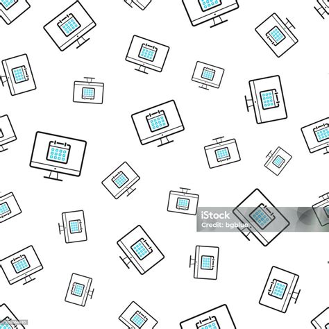 カレンダー付きのデスクトップコンピュータシームレスパターン白い背景に線のアイコン アイコンのベクターアート素材や画像を多数ご用意