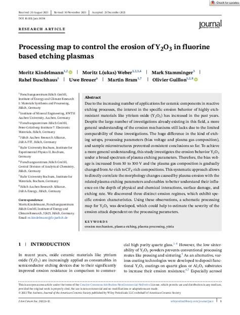 Pdf Processing Map To Control The Erosion Of Y 2 O 3 In Fluorine Based Etching Plasmas