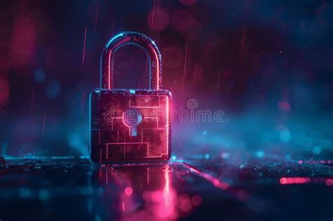 Cyber Security Lock Glowing In Dark Red And Blue Cyberspace Chip Surface Neural Network Ai