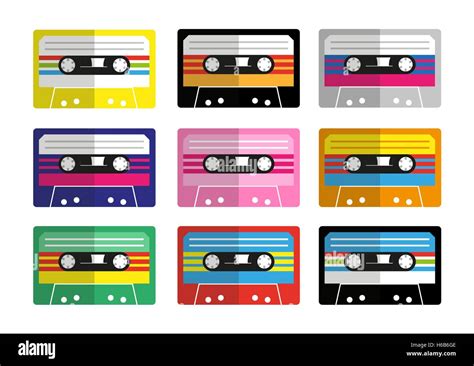 Set Of Colorful Flat Isolated Vector Mix Tape Audio Cassette Tape