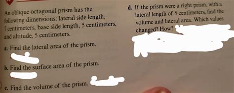 Solved An Oblique Octagonal Prism Has The Following