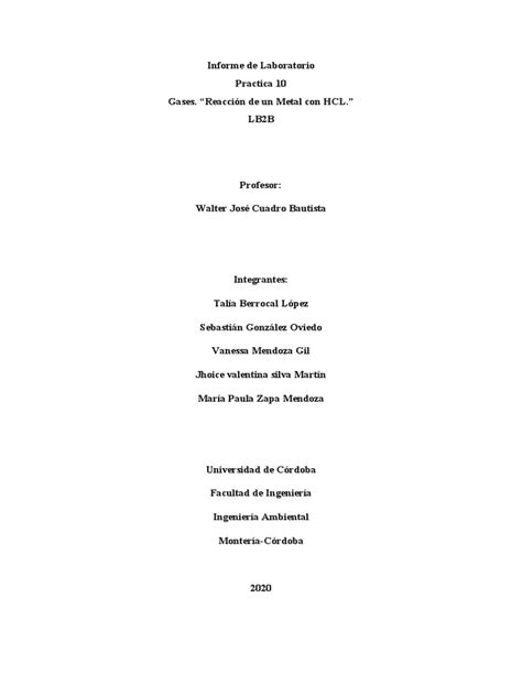 Informe De Laboratorio 10 Lb2b Pdf Gases Moléculas