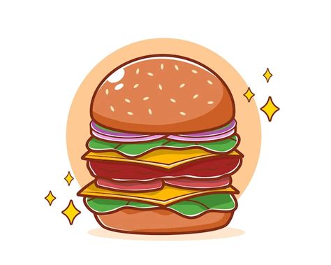 귀여운 더블 치즈 버거 만화 그림 프리미엄 벡터