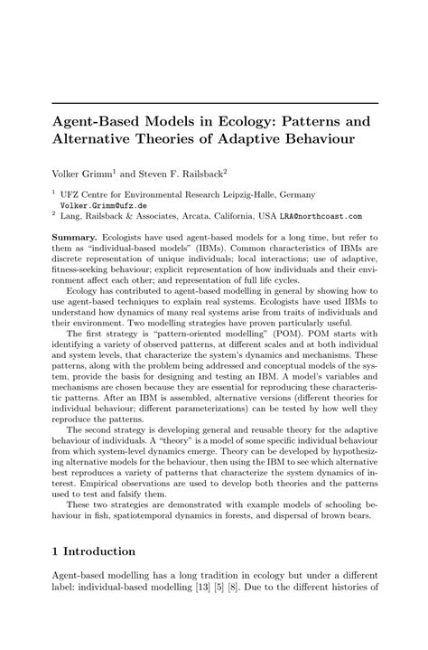 Pdf Agent Based Models In Ecology Patterns And Alternative Theories