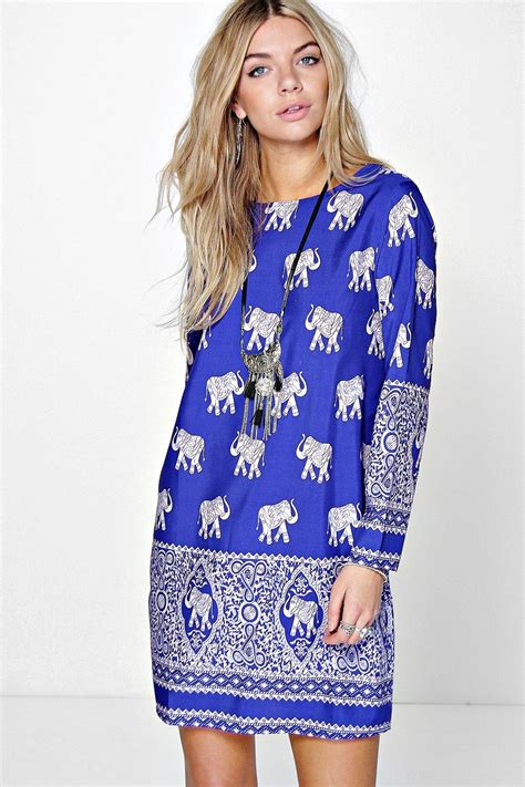Boohoo Womens Mirelle Elephant Print Long Sleeve Shift Dress