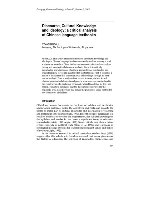 Discourse Cultural Knowledge And Ideology A Critical Analysis Of Chinese Language Textbooks