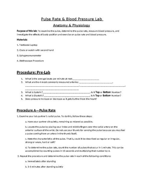 Blood Pressureand Pulse Lab Anatomyand Physiology Cardiovascular System Pulse Rate Blood
