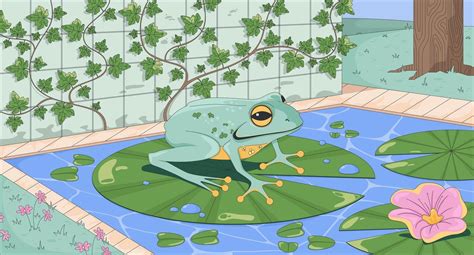 Peaceful Frog On Lily Pad In Pond Against Ivy Wall Lofi Wallpaper
