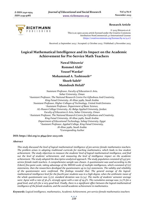 Pdf Logical Mathematical Intelligence And Its Impact On The Academic Achievement For Pre