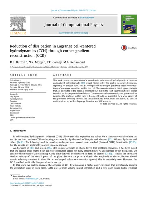 Pdf Reduction Of Dissipation In Lagrange Cell Centered Hydrodynamics Cch Through Corner