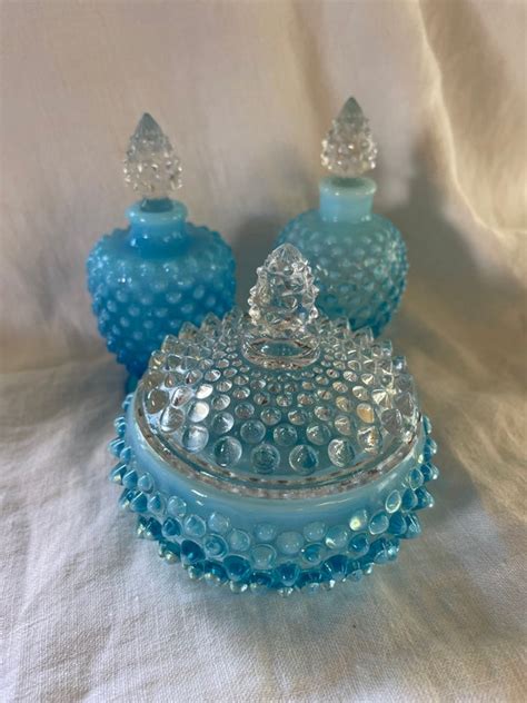 Fenton Blue Opalescent Hobnail Vanity Set Etsy