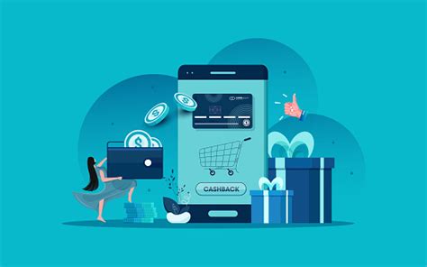 여자는 카드로 보너스를받습니다 캐쉬백 서비스 할인 및 로열티 카드의 개념 Brand Name Smart Phone에 대한 스톡