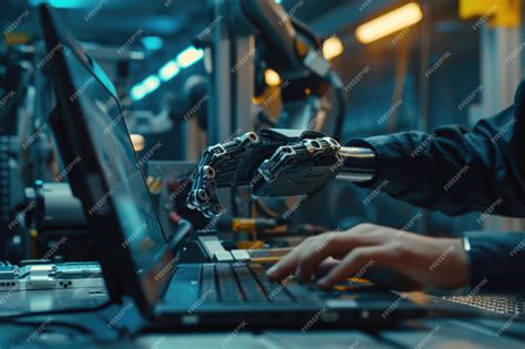 Maintenance Engineer Controls Robotic Hand With Laptop In Smart Factory Premium Ai Generated Image