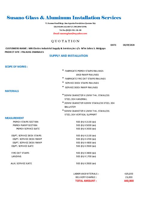 Quotation For Installation Services Susano Glass And Aluminum Studocu