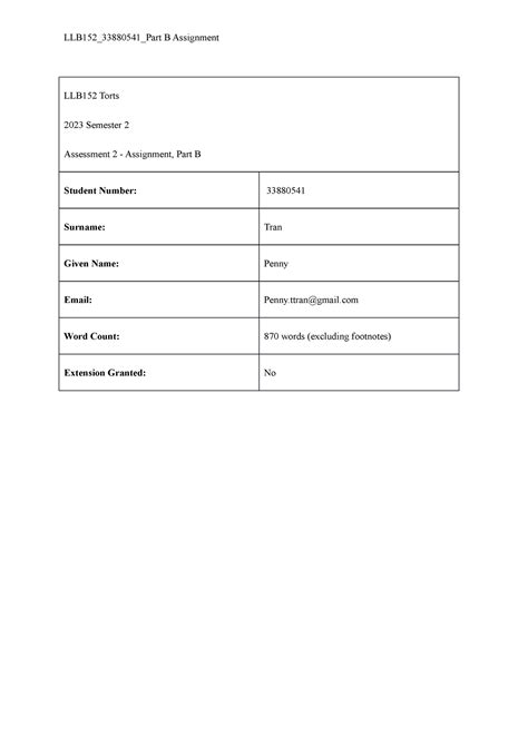 Llb152 33880541 Part B Assignment Llb152 Torts 2023 Semester 2