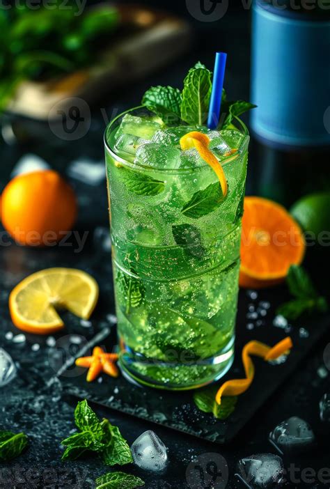 Mojito Cocktail With Lime And Mint In Highball Glass On Dark Stone