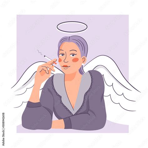 Vector Illustration Of A Smoking Angel Girl With A Halo Vector