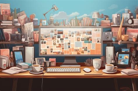Premium Ai Image A Desktop Computer Sits On Top Of A Wooden Desk