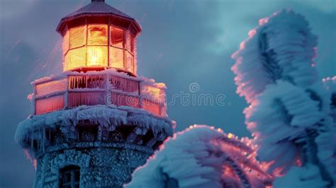 The Frozen Lighthouse Stands As A Silent Guardian Its Light Still Shining Through The Frozen