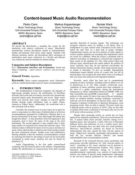 Pdf Content Based Music Audio Recommendation