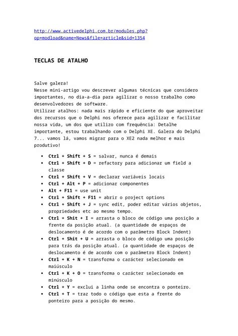 Docx Teclas De Atalho Delphi Xe Dokumentips