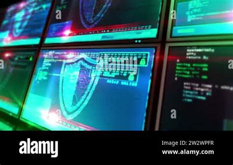 Cyber Security Message With Shield Symbol On Futuristic Computer Screen With Glitch Effect