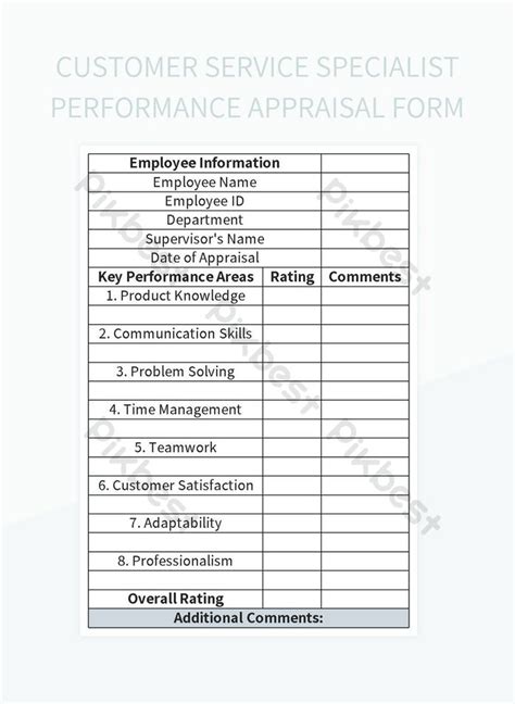 แบบฟอร์มประเมินผลการปฏิบัติงานของผู้เชี่ยวชาญด้านการบริการลูกค้า เทมเพลต เทมเพลต Excel แบบ ดาวน์