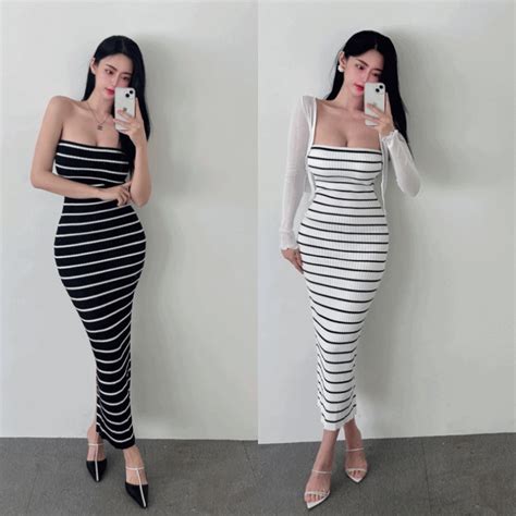 당일 캡내장 들뜸제로 단가라 롱 Ops 스트라이프 니트 원피스 흘러내림x 스판 쫀쫀 신축성 미시룩 글램룩 섹시룩 꾸안꾸룩 휘뚜루마뚜루 데일리 휴양지 2color 디제네바