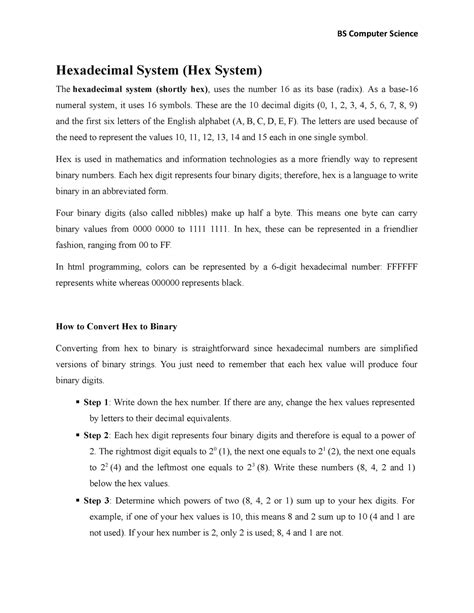 Hexadecimal System Lecture Notes 1 2 Bs Computer Science