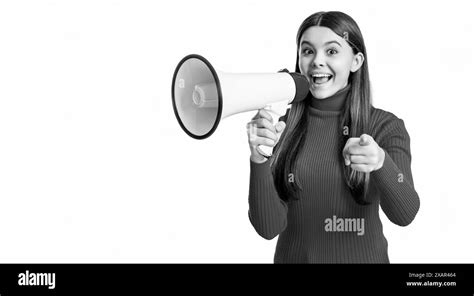 Teen Girl Announcer With Loudspeaker Isolated On White Background Teen