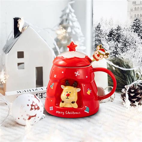 Christmas Cups Christmas Ceramic Mug Cute With Spoon Lid Large