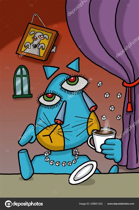 Cat Drinking Coffee Illustration Picasso Style Stock Illustration By