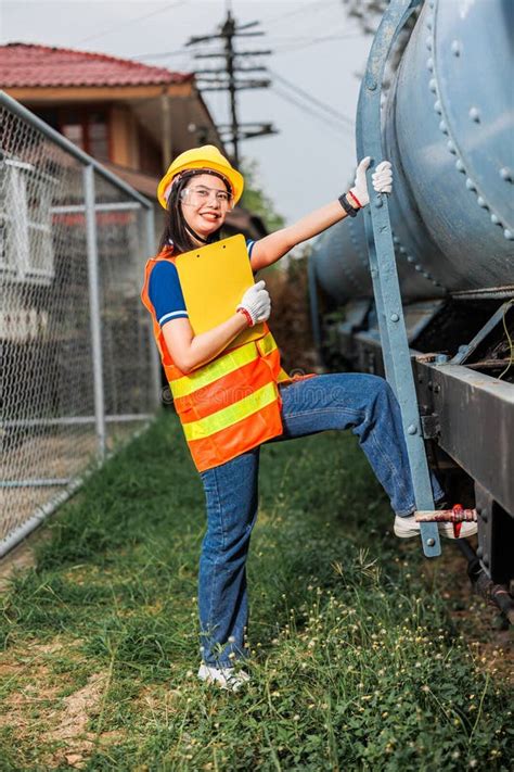 Portrait Train Locomotive Engineer Women Worker Happy Asian Young Teen