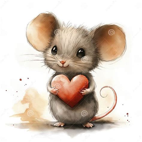 Watercolor Illustration Cute Mouse With Heart Stock Illustration