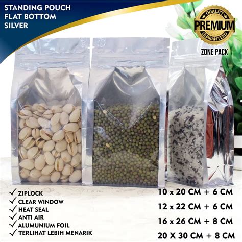 Jual Standing Pouch Flat Bottom Alumunium Foil Silver Windows Kemasan Kopi Snack I Kemasan