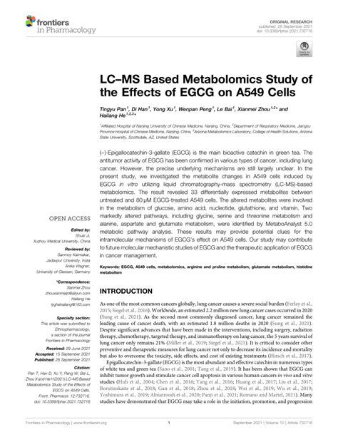 Pdf Lcms Based Metabolomics Study Of The Effects Of Egcg On A549 Cells