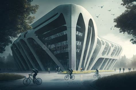 Futuristic University Building With Students Walking And Cycling