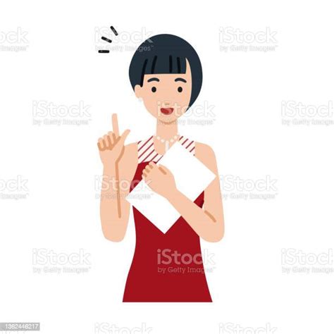 포인팅 핸드 제스처로 서있는 아이디어를 얻는 드레스를 입은 여성 가리키기에 대한 스톡 벡터 아트 및 기타 이미지 가리키기