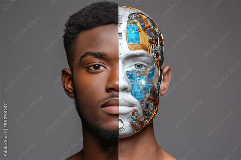 Male Face Split Between Human And Neural Network Design Representing The Duality Of Organic
