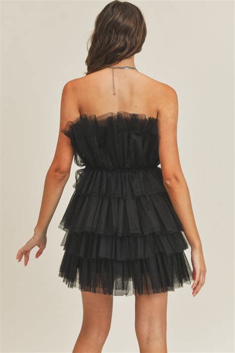 Elegant Black Strapless Ruffle Tulle Mini Dress Edite Mode